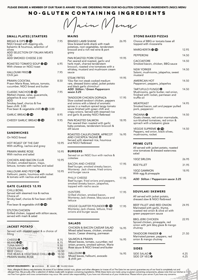 MENUS - The Gate Inn Tansley